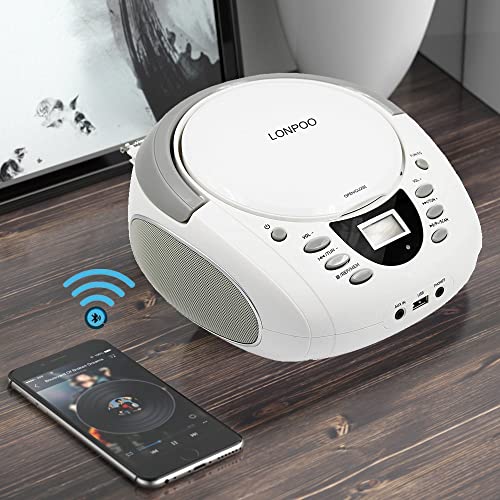 LONPOO CD Player Portable Boombox with FM Radio/USB/Bluetooth/AUX Input and Earphone Jack Output, Stereo Sound Speaker & Audio Player,White