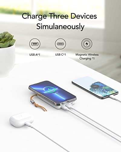 VRURC Magnetic Power Bank for iPhone, 10000mAh Wireless Portable Charger, 5W/7.5/10W/15W Charging & Max 22.5W USB Port Fast Charging, Battery Pack Compatible with iPhone 14/13/12 Series - White