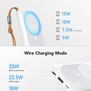 VRURC Magnetic Power Bank for iPhone, 10000mAh Wireless Portable Charger, 5W/7.5/10W/15W Charging & Max 22.5W USB Port Fast Charging, Battery Pack Compatible with iPhone 14/13/12 Series - White