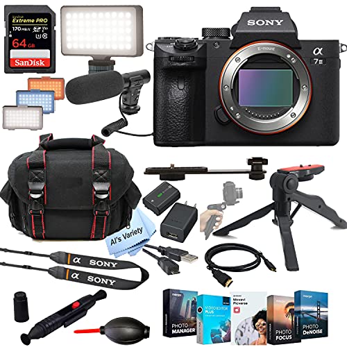 Sony Alpha a7 III Mirrorless Digital Camera(No Lens) + Shot-Gun Microphone + LED Always on Light+ 64GB Extreme Speed Card, Gripod, Case, and More (26pc Video Bundle)