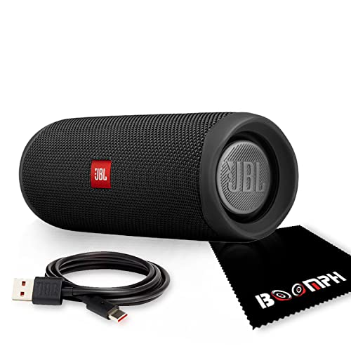 JBL FLIP 5 Portable Wireless Bluetooth IPX7 Waterproof Speaker Bundle with Boomph Microfiber Cloth and USB Type-C Cable - Black