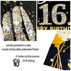 Sweet 16 Backdrop Birthday Decorations, Sweet Sixteen Photo Booth Props, Black Gold Happy 16th Birthday Party Decorations for Girls, Large Fabric 16th Birthday Backdrop Banner 71 * 43 inch PHXEY