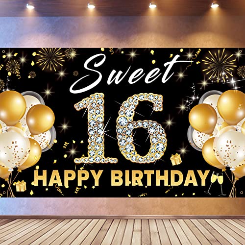 Sweet 16 Backdrop Birthday Decorations, Sweet Sixteen Photo Booth Props, Black Gold Happy 16th Birthday Party Decorations for Girls, Large Fabric 16th Birthday Backdrop Banner 71 * 43 inch PHXEY