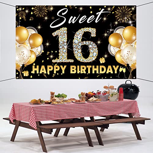 Sweet 16 Backdrop Birthday Decorations, Sweet Sixteen Photo Booth Props, Black Gold Happy 16th Birthday Party Decorations for Girls, Large Fabric 16th Birthday Backdrop Banner 71 * 43 inch PHXEY