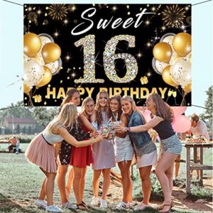 Sweet 16 Backdrop Birthday Decorations, Sweet Sixteen Photo Booth Props, Black Gold Happy 16th Birthday Party Decorations for Girls, Large Fabric 16th Birthday Backdrop Banner 71 * 43 inch PHXEY