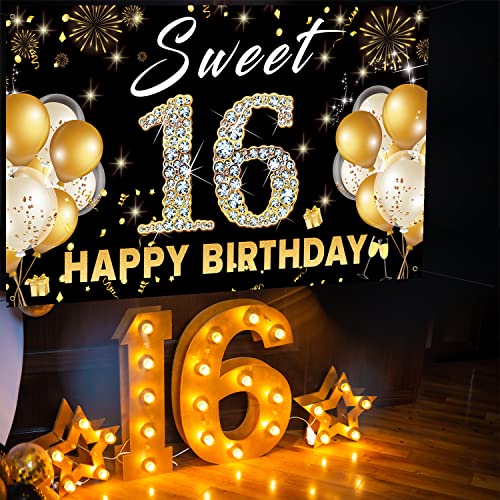 Sweet 16 Backdrop Birthday Decorations, Sweet Sixteen Photo Booth Props, Black Gold Happy 16th Birthday Party Decorations for Girls, Large Fabric 16th Birthday Backdrop Banner 71 * 43 inch PHXEY