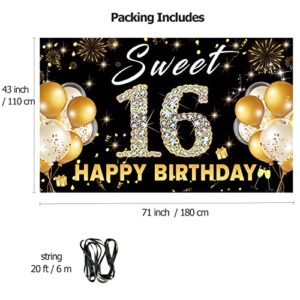 Sweet 16 Backdrop Birthday Decorations, Sweet Sixteen Photo Booth Props, Black Gold Happy 16th Birthday Party Decorations for Girls, Large Fabric 16th Birthday Backdrop Banner 71 * 43 inch PHXEY