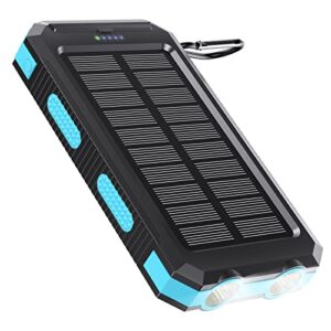 portable charger solar power bank 25000mah waterproof external battery pack with dual 5v usb outputs for all cellphones, tablets electronic devices, bright led flashlight perfect for camping & hiking