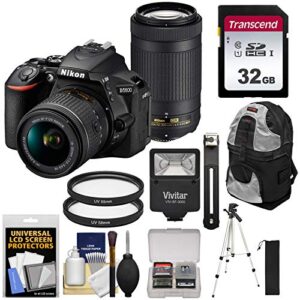 nikon d5600 wi-fi digital slr camera with 18-55mm vr & 70-300mm dx af-p lenses with 32gb card + backpack + flash + tripod + kit (renewed)