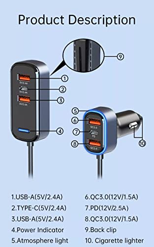 Impulsiqs 6 Port USB C Car Charger Adapter – 75W Car USB Charger Multi Port 5 ft Backseat Extension - 12v Cigarette Lighter USB Charger Plug - Super Fast Type C PD3.0 QC3.0 Compatible with iPhone