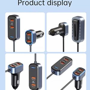 Impulsiqs 6 Port USB C Car Charger Adapter – 75W Car USB Charger Multi Port 5 ft Backseat Extension - 12v Cigarette Lighter USB Charger Plug - Super Fast Type C PD3.0 QC3.0 Compatible with iPhone