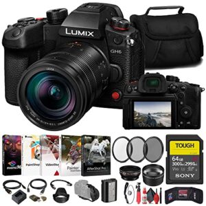 panasonic lumix gh6 mirrorless camera with 12-60mm f/2.8-4 lens (dc-gh6lk) + sony 64gb tough sd card + filter kit + wide angle lens + telephoto lens + lens hood + more (renewed)