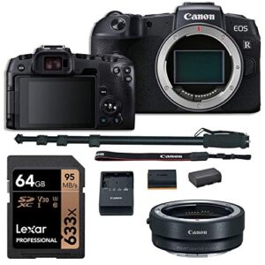 canon eos rp mirrorless dslr camera body, lens converter, lexar 633x u3 64gb memory card, monopod and spare battery