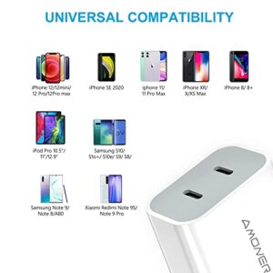 USB C Charger, Amoner 2Pack Type C Fast Charger, Dual Port 25W PD Fast USB C iPhone Wall Charger Compatible with iPhone 14/13/12/12 mini/12 Pro/12 Pro Max, iPhone 11/11 Pro/11 Pro Max, XR/XS/X/8