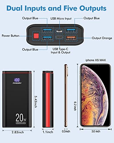 Ayeway Battery Pack USB C Portable Charger PD 20W Fast Charging 26800mAh Power Bank with Type C Output,External Battery Phone Charger for iPhone 13,14,MacBook,Samsung Galaxy,Camping Lantern,USB Fan.