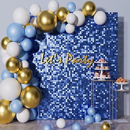 COKAOBE Blue Shimmer Wall Backdrop, 24 Panels Square Sequin Shimmer Backdrop, Photo Backdrops for Birthday, Anniversary, Wedding, Graduation & Bachelorette Party Decoration