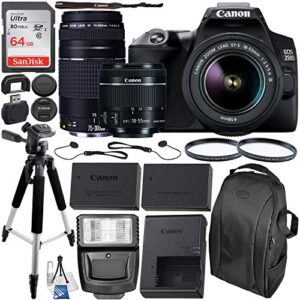 canon eos 250d (rebel sl3) dslr camera with 18-55mm & 75-300mm canon lenses & essential accessory bundle – includes: sandisk ultra 64gb sdxc memory card, extended life spare battery & more