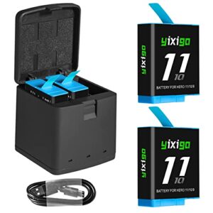 2 pack batteries fit for gopro hero 11, gopro hero 9, gopro hero 10 black, 3-channel battery charger station for hero 11/ hero 10/ hero 9 fully compatible with gopro11 gopro10 gopro9 battery yixigo