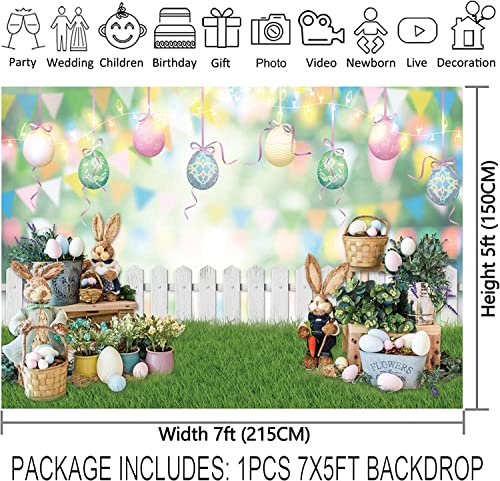 ZTHMOE 7x5ft Durable Fabric Easter Photography Backdrop Spring Garden Flower Stand Fence Eggs Grass Background Floral Bunny Tapestry Photo Booth