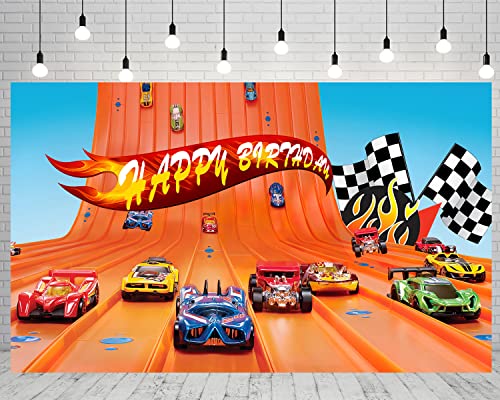 QQKCFOTO Hot Wheels Backdrops for Birthday Party Decorations Supplies, Red Car Photo Background for Cake Table Decorations, Hot Wheels Banner, Polyester 5x3ft