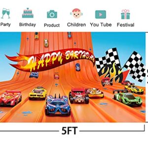 QQKCFOTO Hot Wheels Backdrops for Birthday Party Decorations Supplies, Red Car Photo Background for Cake Table Decorations, Hot Wheels Banner, Polyester 5x3ft