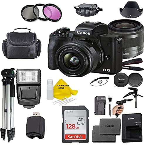 Canon EOS M50 Mark II Mirrorless Digital Camera 24.1MP Sensor with EF-M 15-45mm is STM Lens + 128GB Memory Card + Camera Case+ TopKnotch Accessories Kit (International Model) (Renewed)