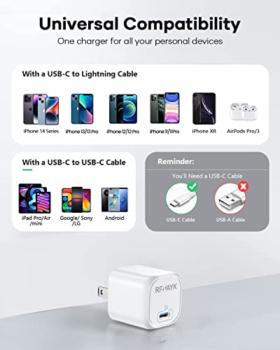 USB C Charger Block - RFNAYK 20W Super Mini iPhone 14/14 Plus/14 Pro/14 Pro Max Fast Charger, PD 3.0 Wall Charger Power Adapter for iPhone 12 13 Pro Max XR XS 8 Galaxy Pixel 4/3 iPad/iPad min (White)