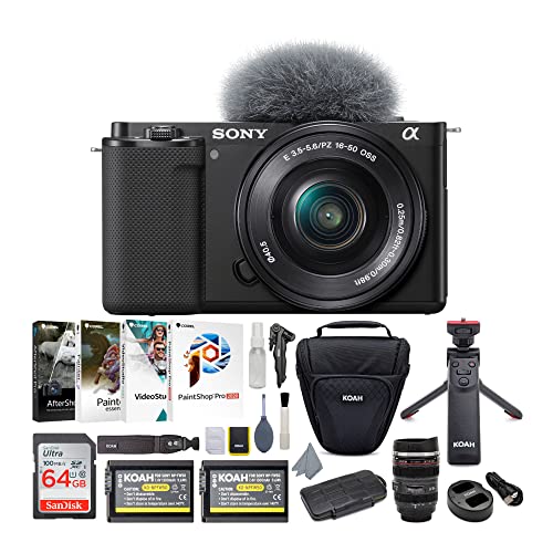 Sony Alpha ZV-E10 APS-C Interchangeable Lens Mirrorless Vlog Camera with 16-50mm Lens (Black) Bundle with Camera Grip, Editing Software, Battery and Dual Charger, Case, and 64GB Memory Card (8 Items)