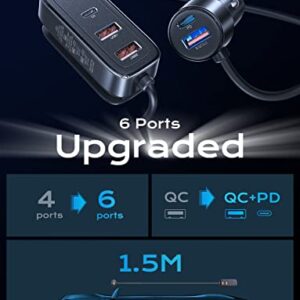 AINOPE 90W USB C Car Charger 6-Port, Super Fast USB Car Charger Fast Charging, PD 30W & QC3.0 Cigarette Lighter Car USB Charger Multi Port with 5FT Cable for iPhone 14/iPad Pro/Samsung S23 Ultra