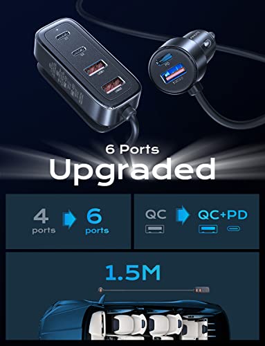 AINOPE 90W USB C Car Charger 6-Port, Super Fast USB Car Charger Fast Charging, PD 30W & QC3.0 Cigarette Lighter Car USB Charger Multi Port with 5FT Cable for iPhone 14/iPad Pro/Samsung S23 Ultra