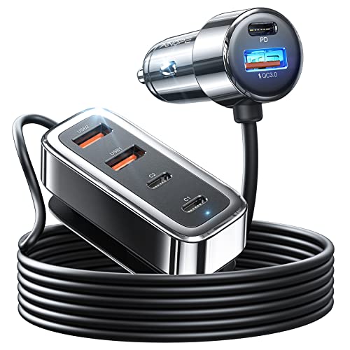 AINOPE 90W USB C Car Charger 6-Port, Super Fast USB Car Charger Fast Charging, PD 30W & QC3.0 Cigarette Lighter Car USB Charger Multi Port with 5FT Cable for iPhone 14/iPad Pro/Samsung S23 Ultra