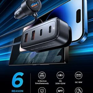 AINOPE 90W USB C Car Charger 6-Port, Super Fast USB Car Charger Fast Charging, PD 30W & QC3.0 Cigarette Lighter Car USB Charger Multi Port with 5FT Cable for iPhone 14/iPad Pro/Samsung S23 Ultra