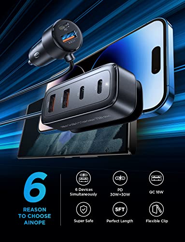 AINOPE 90W USB C Car Charger 6-Port, Super Fast USB Car Charger Fast Charging, PD 30W & QC3.0 Cigarette Lighter Car USB Charger Multi Port with 5FT Cable for iPhone 14/iPad Pro/Samsung S23 Ultra