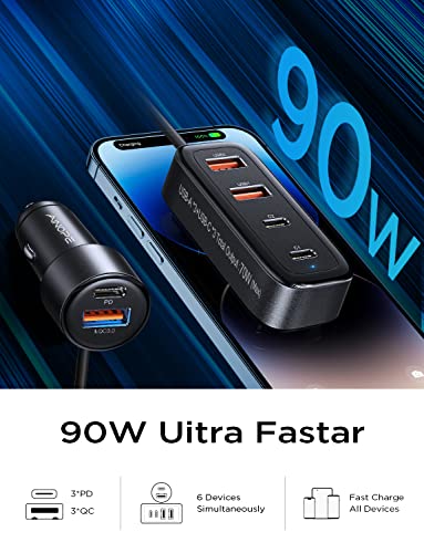 AINOPE 90W USB C Car Charger 6-Port, Super Fast USB Car Charger Fast Charging, PD 30W & QC3.0 Cigarette Lighter Car USB Charger Multi Port with 5FT Cable for iPhone 14/iPad Pro/Samsung S23 Ultra