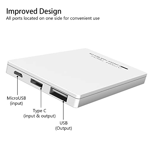 Attom Tech USB Output Super Slim Power Bank Ultra Thin 3000mAh Portable Charger, Micro USB and USB-C Dual Input Ports Mini External Phone Battery Pack Small Emergency Phone Power Backup (White)