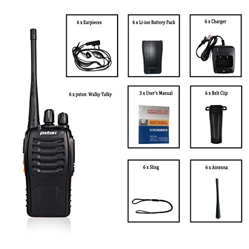 pxton Two Way Radios Long Range Walkie Talkies for Adults with Headphones,16 Channel Handheld 2 Way Radio Rechargeable with Flashlight Li-ion Battery and Charger（6 Pack）