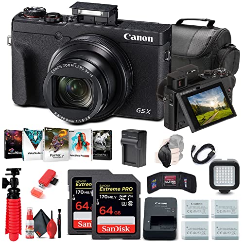 Canon PowerShot G5 X Mark II Digital Camera (3070C001) + 2 x 64GB Memory Card + 3 x NB13L Battery + Corel Photo Software + Charger + Card Reader + LED Light + Bag + More (Renewed)