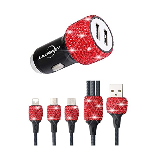 Bling Car Charger Accessories Set,Rhinestone Dual USB Car Chargers + Bling 3 in1 Nylon Braided Charging Cable,Bling Crystal Decoration Car Accessories Kits for Girl and Women (Red)