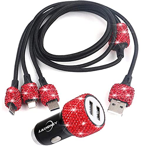 Bling Car Charger Accessories Set,Rhinestone Dual USB Car Chargers + Bling 3 in1 Nylon Braided Charging Cable,Bling Crystal Decoration Car Accessories Kits for Girl and Women (Red)