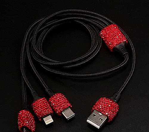 Bling Car Charger Accessories Set,Rhinestone Dual USB Car Chargers + Bling 3 in1 Nylon Braided Charging Cable,Bling Crystal Decoration Car Accessories Kits for Girl and Women (Red)