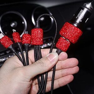 Bling Car Charger Accessories Set,Rhinestone Dual USB Car Chargers + Bling 3 in1 Nylon Braided Charging Cable,Bling Crystal Decoration Car Accessories Kits for Girl and Women (Red)