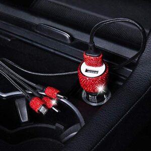 Bling Car Charger Accessories Set,Rhinestone Dual USB Car Chargers + Bling 3 in1 Nylon Braided Charging Cable,Bling Crystal Decoration Car Accessories Kits for Girl and Women (Red)