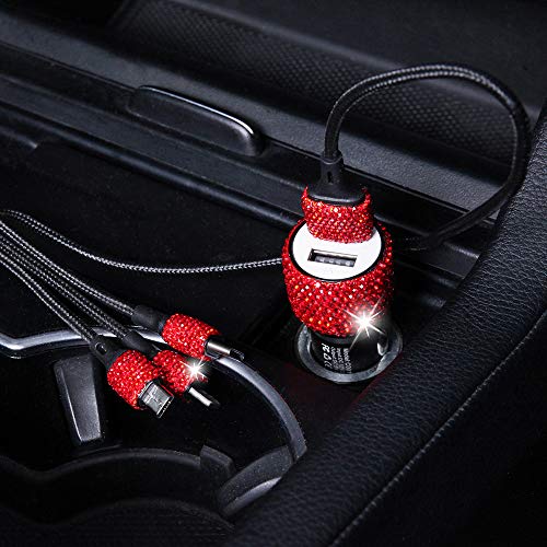 Bling Car Charger Accessories Set,Rhinestone Dual USB Car Chargers + Bling 3 in1 Nylon Braided Charging Cable,Bling Crystal Decoration Car Accessories Kits for Girl and Women (Red)