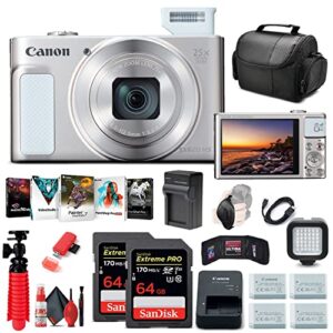 canon powershot sx620 hs digital camera (white) (1074c001) + 2 x 64gb memory card + 3 x nb13l battery + corel photo software + charger + card reader + led light + soft bag + more (renewed)