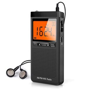 greadio am/fm weather alert radio, portable transistor noaa radio with best reception, battery operated by 2 aaa batteries, lcd display,earphone jack,time setting pocket radio for home,walking,running