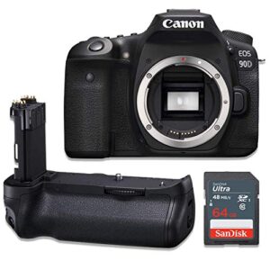 canon eos 90d wi-fi 4k uhd digital slr camera body kit with power battery grip & 64gb memory card (renewed)