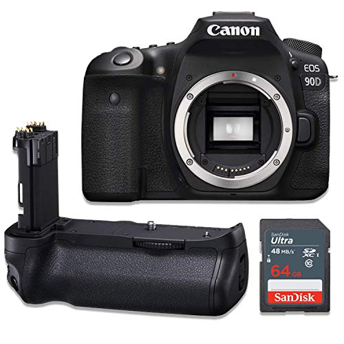 Canon EOS 90D Wi-Fi 4K UHD Digital SLR Camera Body Kit with Power Battery Grip & 64GB Memory Card (Renewed)