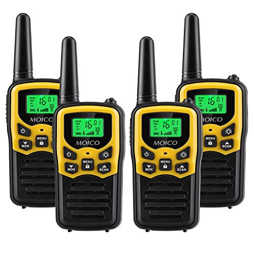 Walkie Talkies with 22 FRS Channels, MOICO Walkie Talkies for Adults with LED Flashlight VOX Scan LCD Display, Long Range Family Walkie Talkie for Hiking Camping Trip (Yellow, 4 Pack)