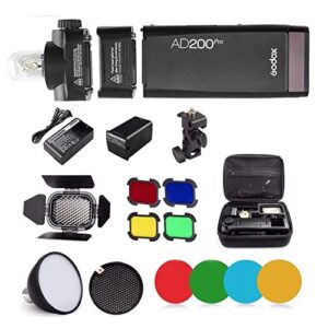 godox ad200 pro ad200pro flash strobe speedlight 200ws 2.4g, 1/8000 hss, 500 full power flashes, 0.01-1.8s recycling, 2900mah battery, bare bulb/speedlite fresnel flash head with bd-07, reflector