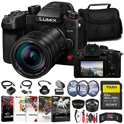 Panasonic Lumix GH6 Mirrorless Camera with 12-60mm f/2.8-4 Lens (DC-GH6LK) + Sony 64GB Tough SD Card + Filter Kit + Wide Angle Lens + Telephoto Lens + Lens Hood + Card Reader + More (Renewed)